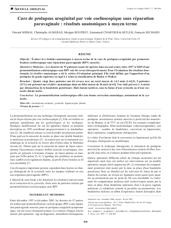 (PDF) Cure de prolapsus urogénital par voie coelioscopique sans ...