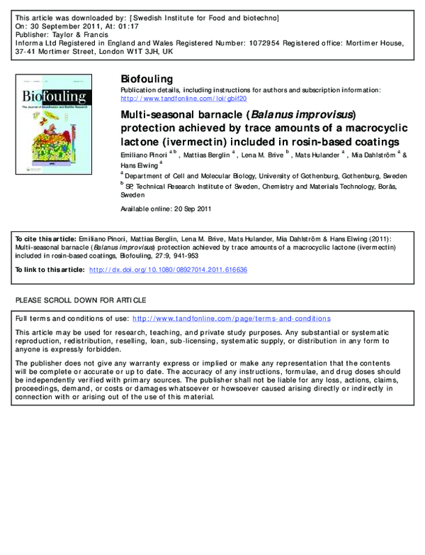 (PDF) Multi-seasonal barnacle ( Balanus improvisus ) protection ...