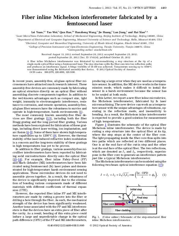 (PDF) Fiber inline Michelson interferometer fabricated by a femtosecond laser