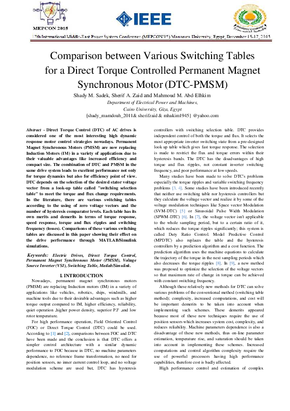 (PDF) Comparison between Various Switching Tables for a Direct Torque ...