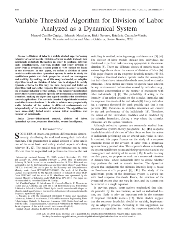 Pdf Variable Threshold Algorithm For Division Of Labor Analyzed As A