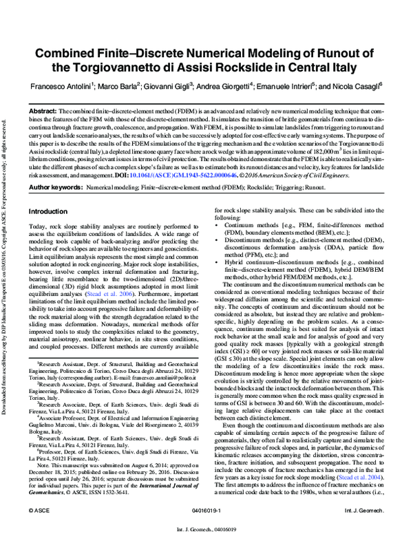 (PDF) Combined Finite–Discrete Numerical Modeling of Runout of the Torgiovannetto di Assisi ...