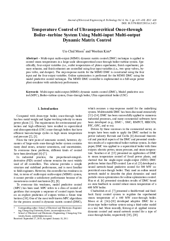 (PDF) Temperature Control of Ultrasupercritical Once-through Boiler–turbine System Using Multi ...