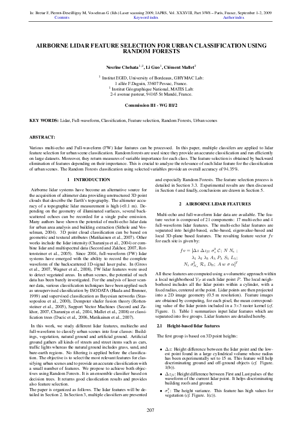 (PDF) Airborne Lidar Feature Selection for Urban Classification Using Random Forests