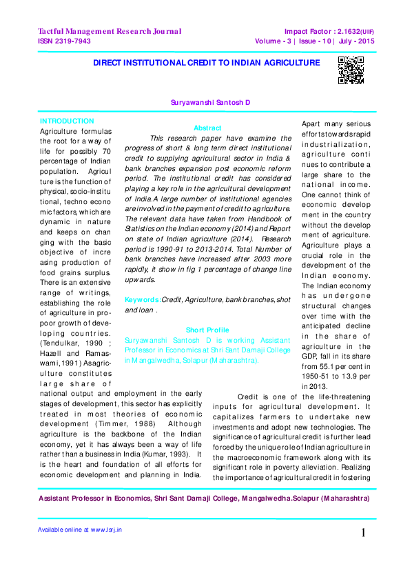 (PDF) DIRECT INSTITUTIONAL CREDIT TO INDIAN AGRICULTURE