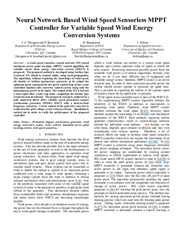 Pdf Neural Network Based Wind Speed Sensorless Mppt Controller For Variable Speed Wind Energy