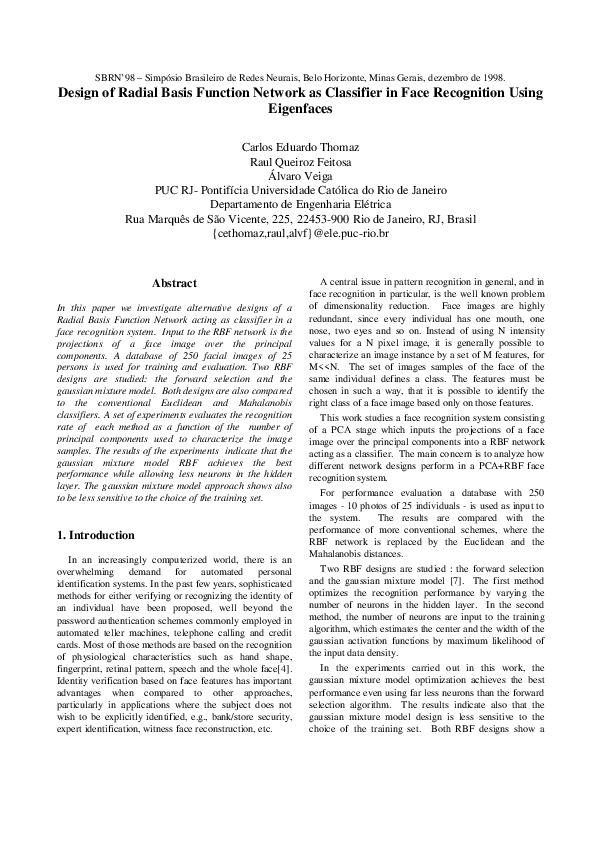 Pdf Design Of Radial Basis Function Network As Classifier In Face Recognition Using Eigenfaces