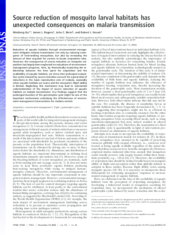 (PDF) Source reduction of mosquito larval habitats has unexpected consequences on malaria ...