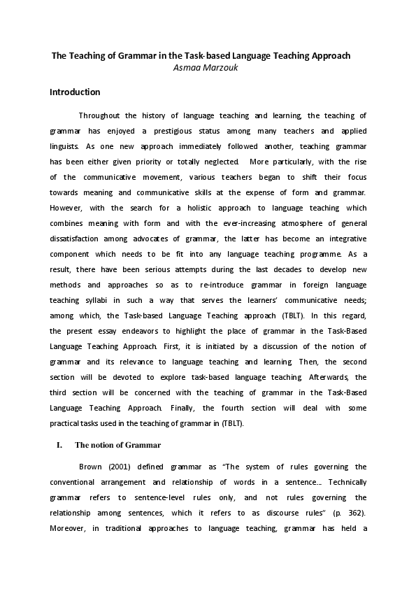 (PDF) The Teaching of Grammar in the Task-based Language Teaching Approach