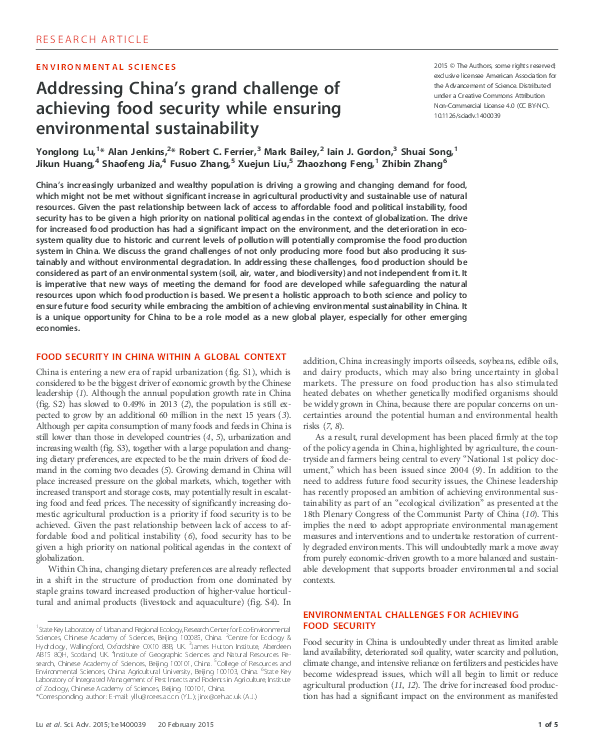 (PDF) Addressing China's grand challenge of achieving food security ...