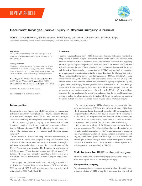 (PDF) Recurrent laryngeal nerve injury in thyroid surgery: a review