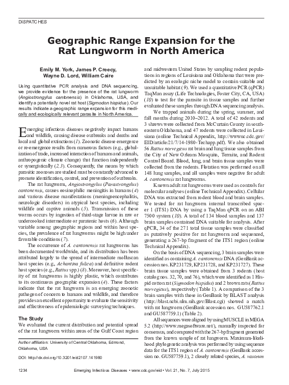 (PDF) Geographic Range Expansion for Rat Lungworm in North America