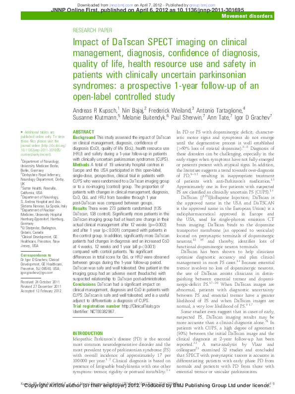 (PDF) Impact of DaTscan SPECT imaging on clinical management, diagnosis ...