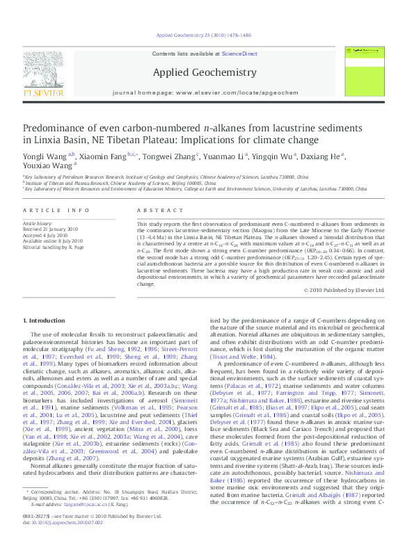 (PDF) Predominance of even carbon-numbered n-alkanes from lacustrine ...