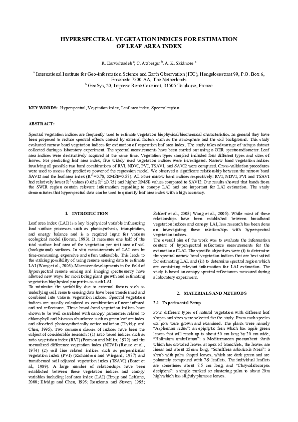 (PDF) Hyperspectral vegetation indices for estimation of leaf area index