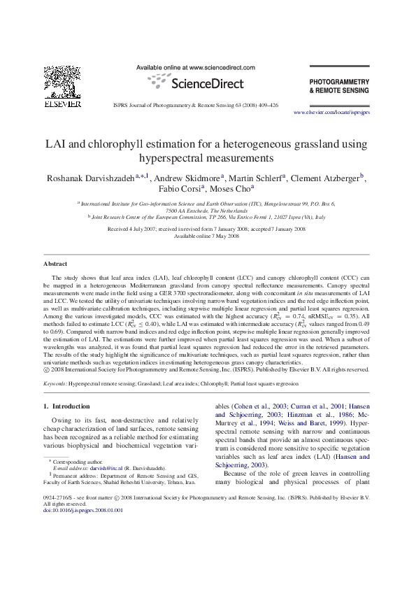 (PDF) LAI and chlorophyll estimation for a heterogeneous grassland using hyperspectral measurements