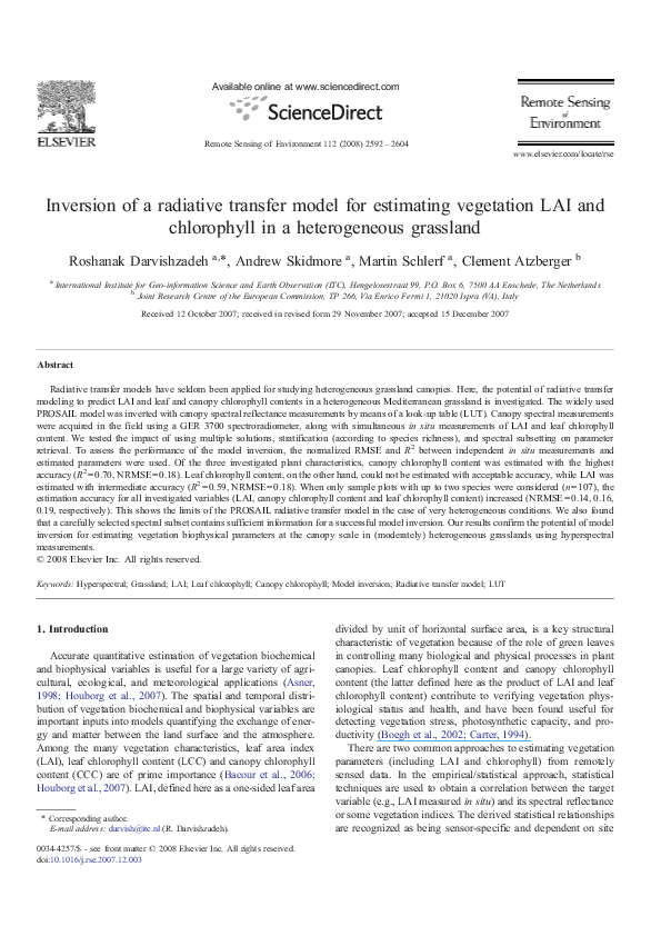 (PDF) Inversion of a radiative transfer model for estimating vegetation ...