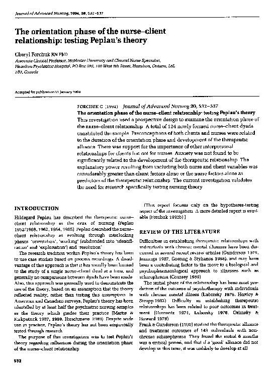 (PDF) The orientation phase of the nurse-client relationship: testing ...
