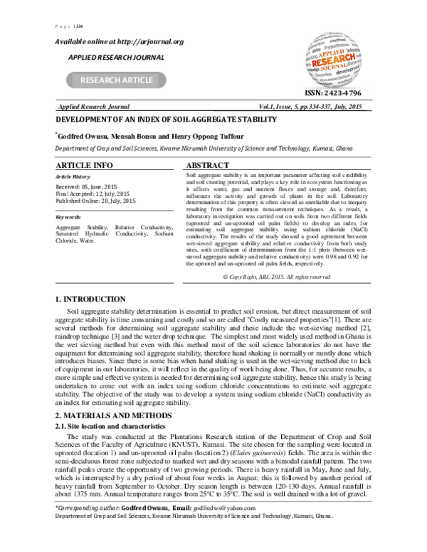 (PDF) P a g e | 334 DEVELOPMENT OF AN INDEX OF SOIL AGGREGATE STABILITY