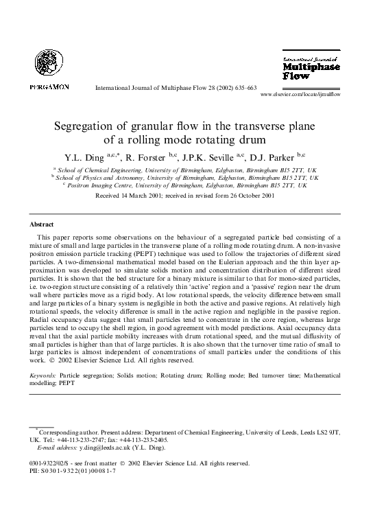 (PDF) Segregation of granular flow in the transverse plane of a rolling mode rotating drum