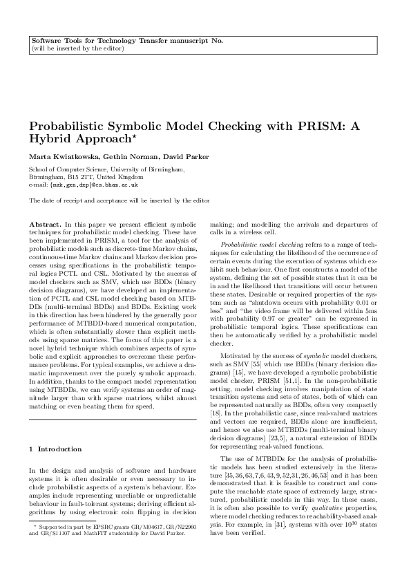 (PDF) Probabilistic symbolic model checking with PRISM: a hybrid approach | David Parker ...