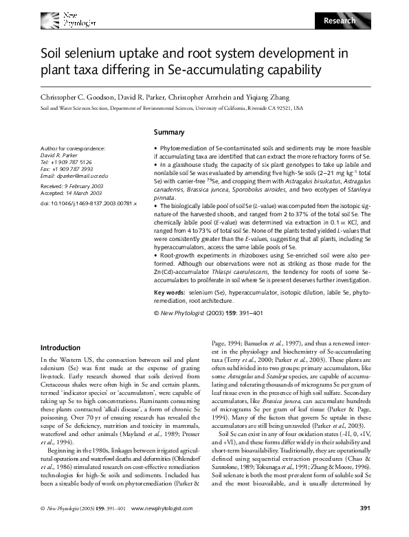 (PDF) Soil selenium uptake and root system development in plant taxa ...