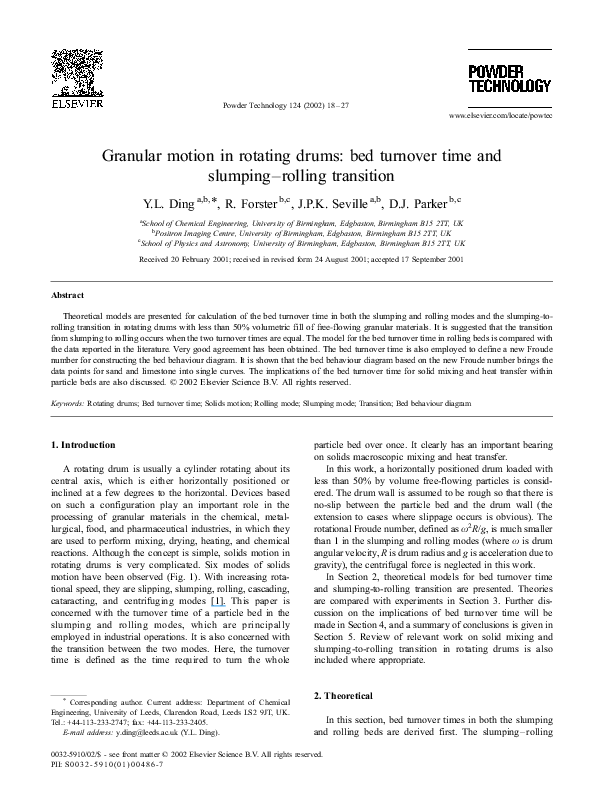 (PDF) Granular motion in rotating drums: bed turnover time and slumping–rolling transition