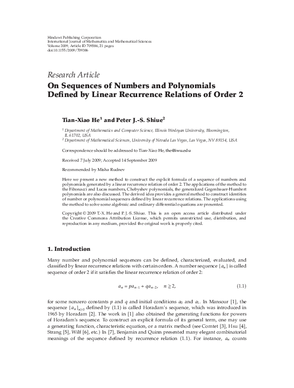 (PDF) On Sequences of Numbers and Polynomials Defined by Linear Recurrence Relations of Order 2