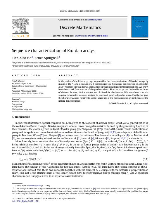 (PDF) Sequence characterization of Riordan arrays