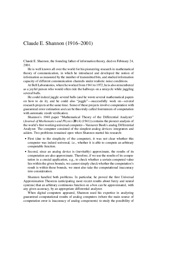 (PDF) Claude E. Shannon (1916–2001)