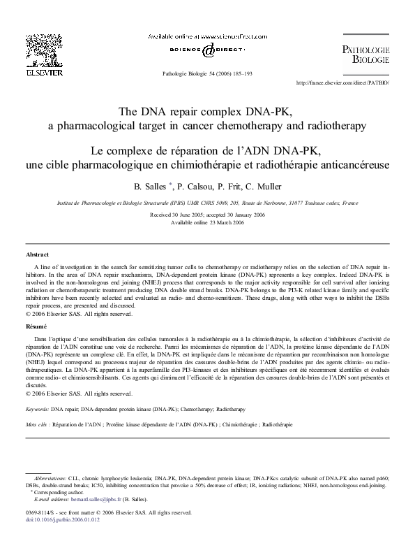(PDF) The DNA repair complex DNA-PK, a pharmacological target in cancer ...