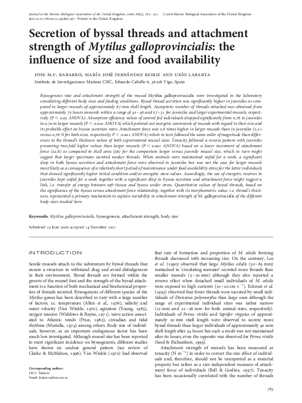 (PDF) Secretion of byssal threads and attachment strength of Mytilus ...
