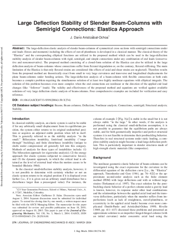 (PDF) Large Deflection Stability of Slender Beam-Columns with Semirigid Connections: Elastica ...