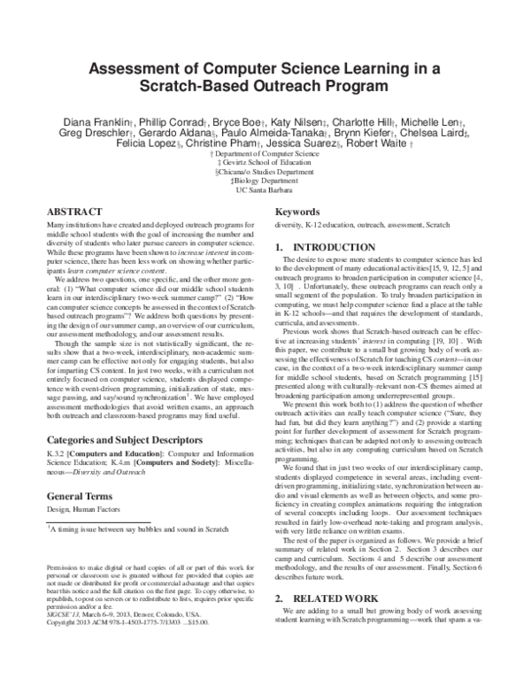 (PDF) Assessment of Computer Science Learning in a Scratch-Based ...