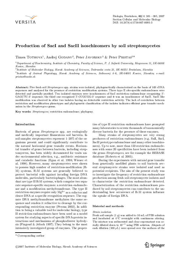 (PDF) Production of SacI and SacII isoschizomers by soil streptomycetes