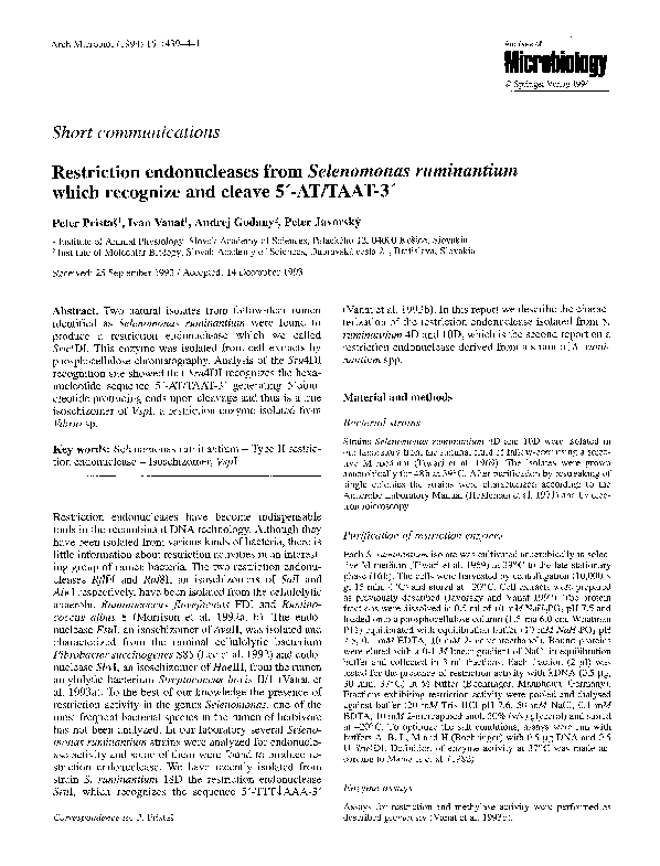 (PDF) Restriction endonucleases from Selenomonas ruminantium which ...