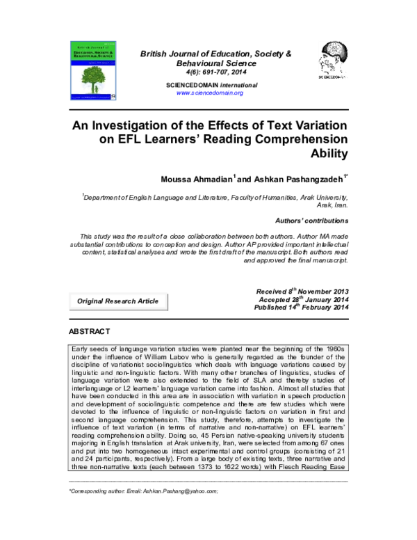 Pdf An Investigation Of The Effects Of Text Variation On Efl Learners Reading Comprehension