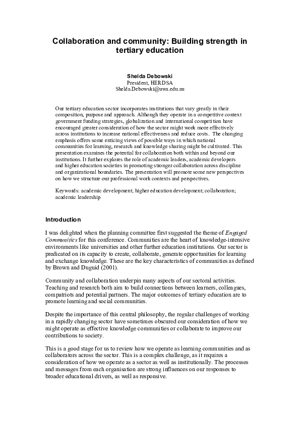 (PDF) Collaboration and community: Building strength in tertiary education