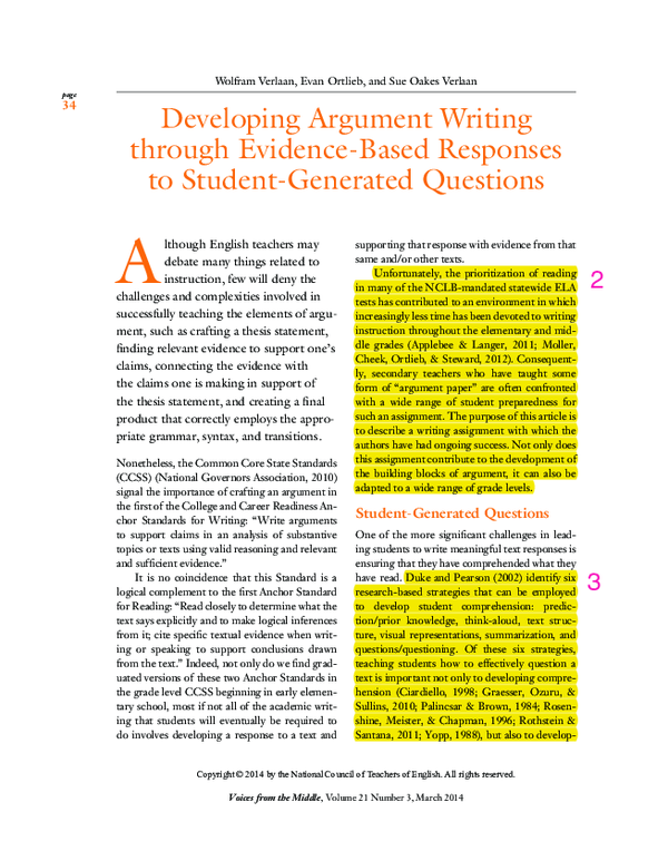 (PDF) Developing Argument Writing Developing Argument Writing through Evidence-Based Responses ...