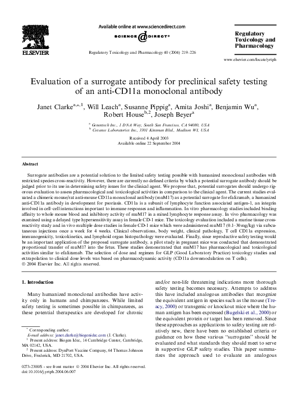 (PDF) Evaluation of a surrogate antibody for preclinical safety testing ...