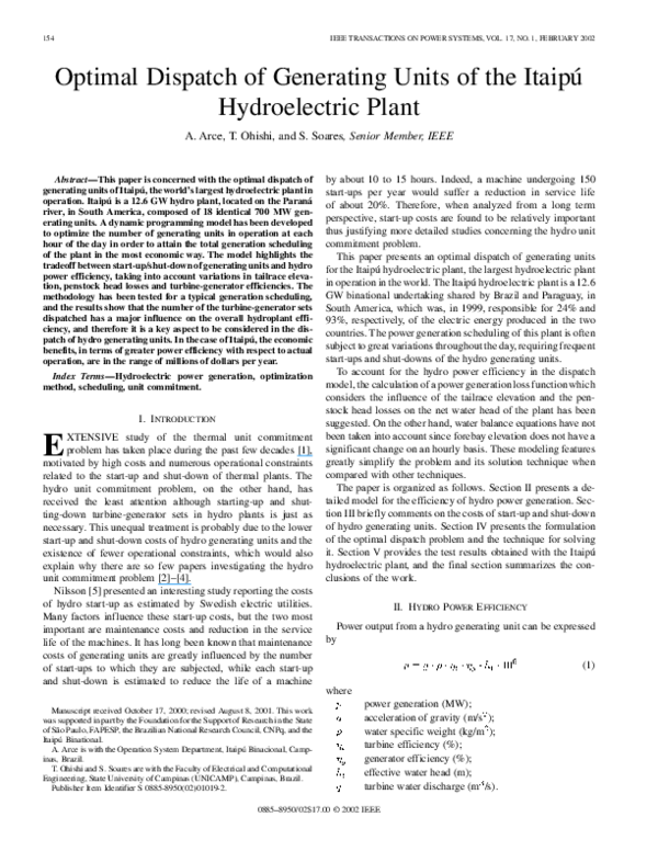 (PDF) Optimal dispatch of generating units of the Itaipu hydroelectric plant