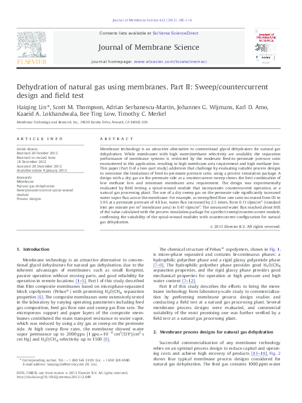(PDF) Dehydration of natural gas using membranes. Part II: Sweep ...