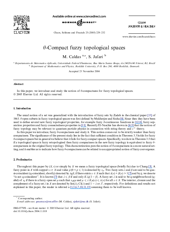(PDF) θ-Compact fuzzy topological spaces