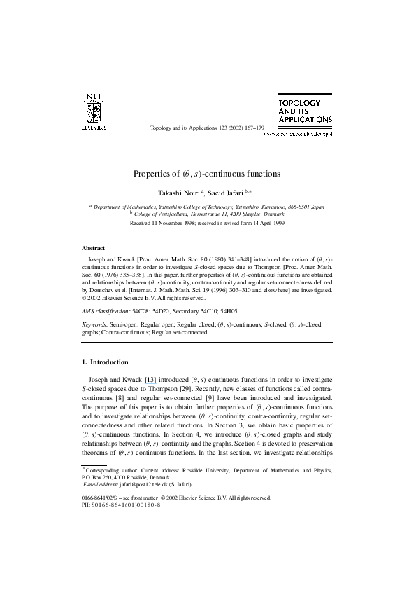 (PDF) Properties of (θ,s)-continuous functions