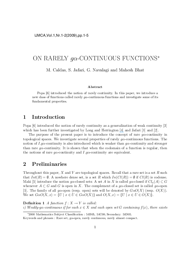 (PDF) ON RARELY gα-CONTINUOUS FUNCTIONS