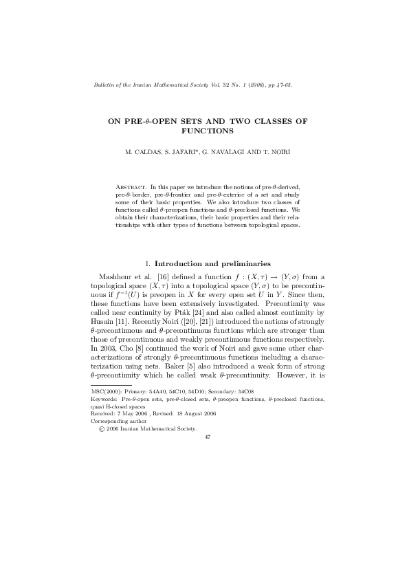(PDF) On Pre-Θ-Open Sets and Two Classes of Functions