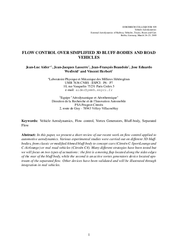 (PDF) Flow Control Over Simplified 3D Bluff-Bodies and Road Vehicles