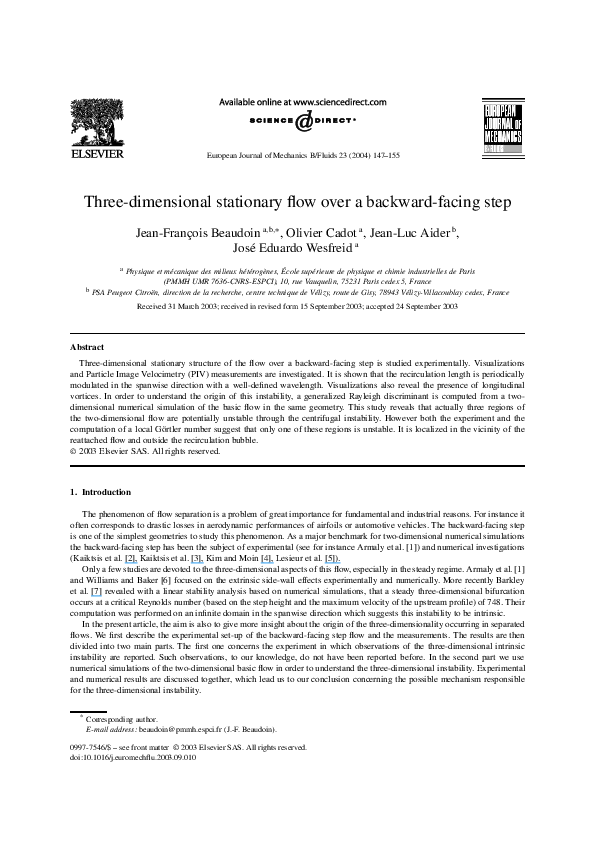 (PDF) Three-dimensional stationary flow over a backward-facing step