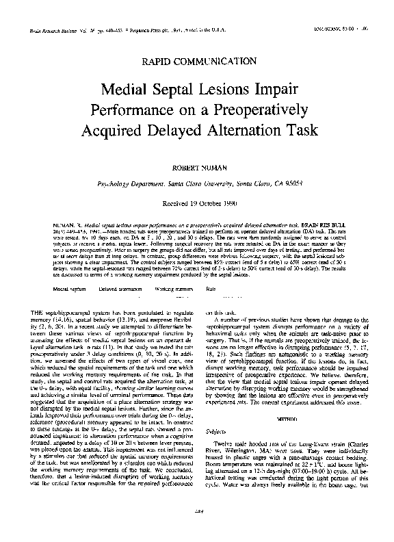 (PDF) Medial septal lesions impair performance on a preoperatively ...
