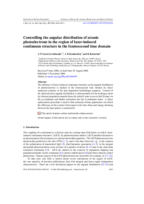 (PDF) Controlling the angular distribution of atomic photoelectrons in the region of laser ...